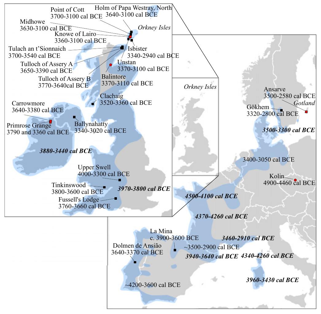 Map of europe with megalithic burial sites (red squares) and