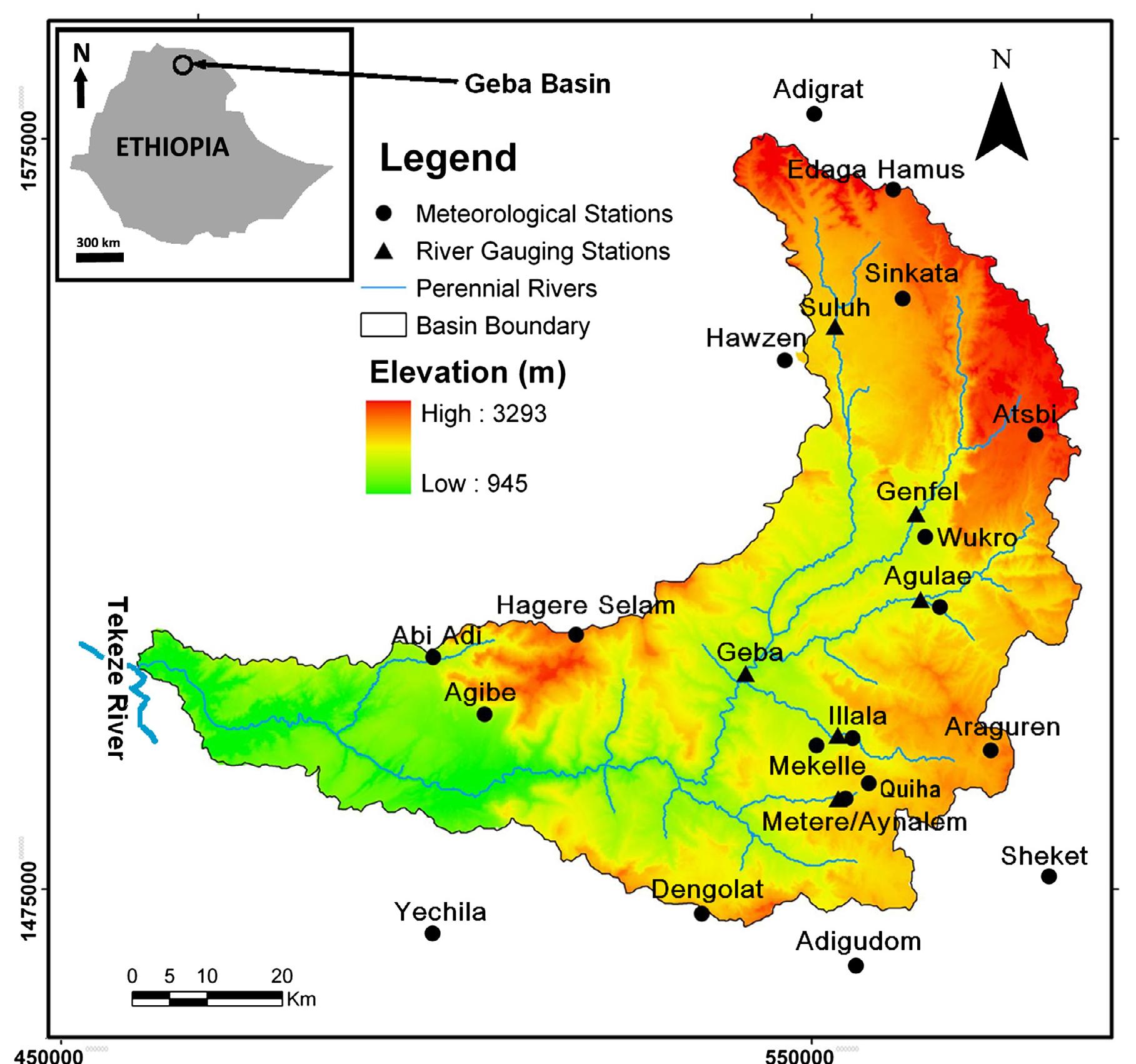 Location map of the geba basin with elevation and locations