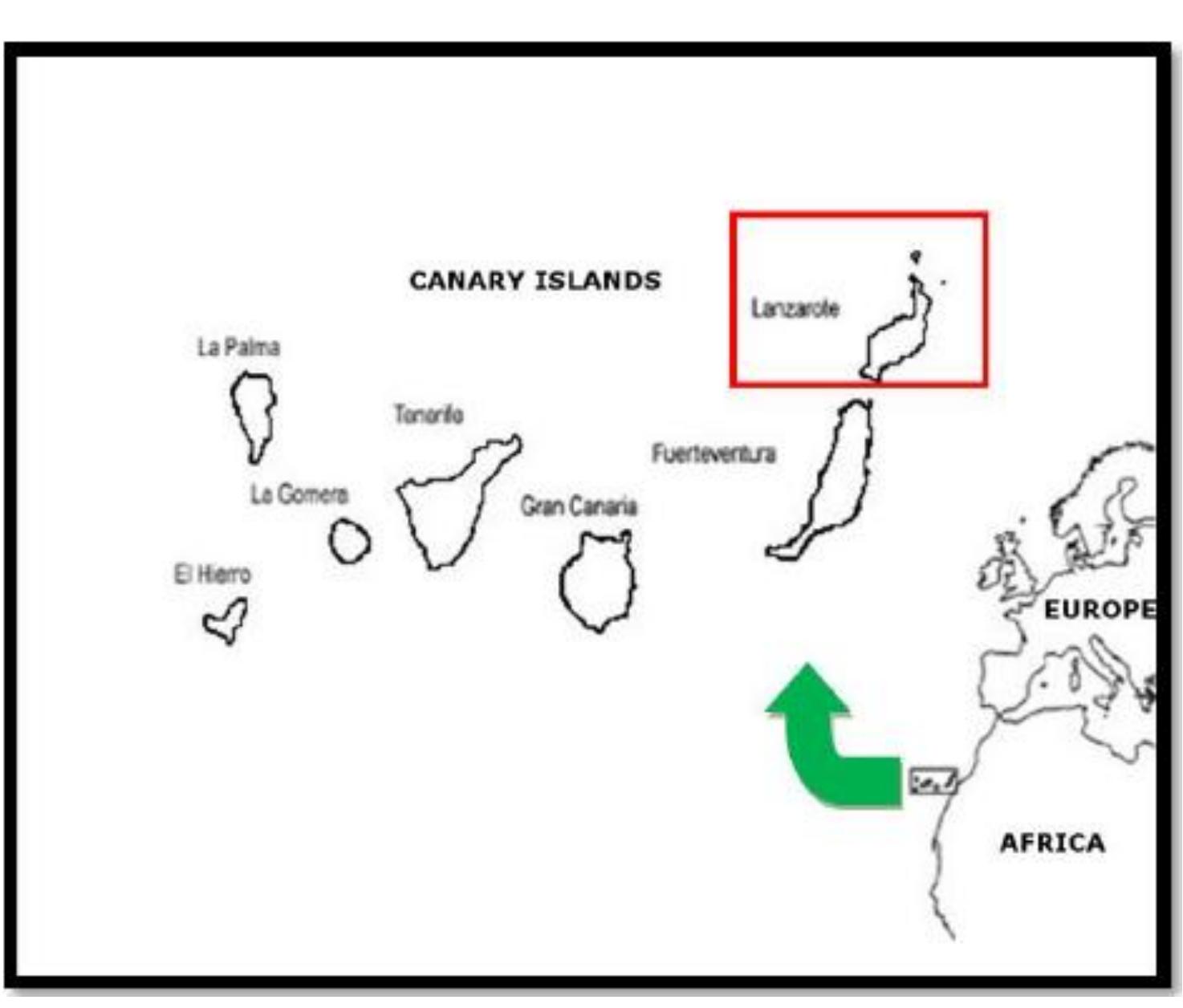 Map of canary islands with islands names and the atlantic