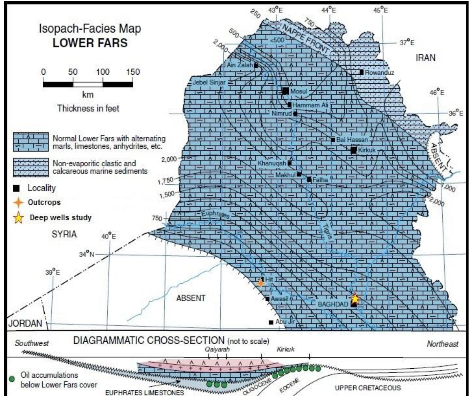 - isopach-facies map of fatha formation (lower fars) showing