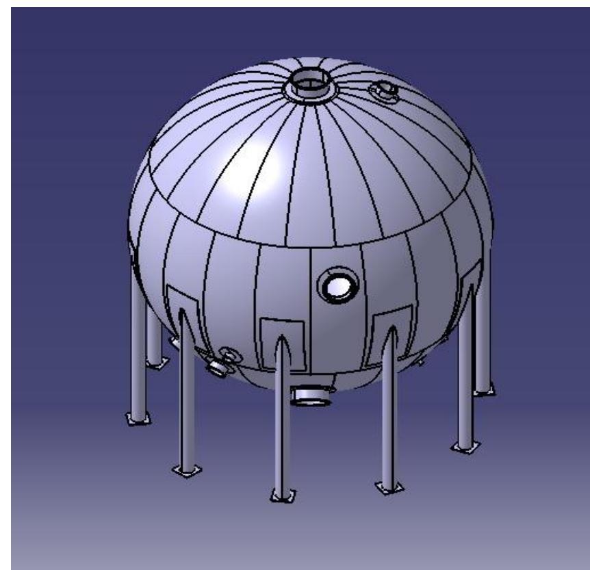 Isometric view of spherical pressure vessel