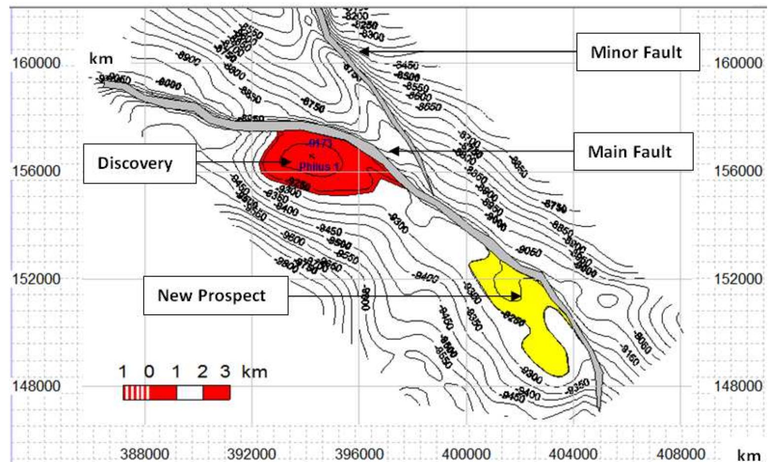 C: depth structure map of sand c on philus field.