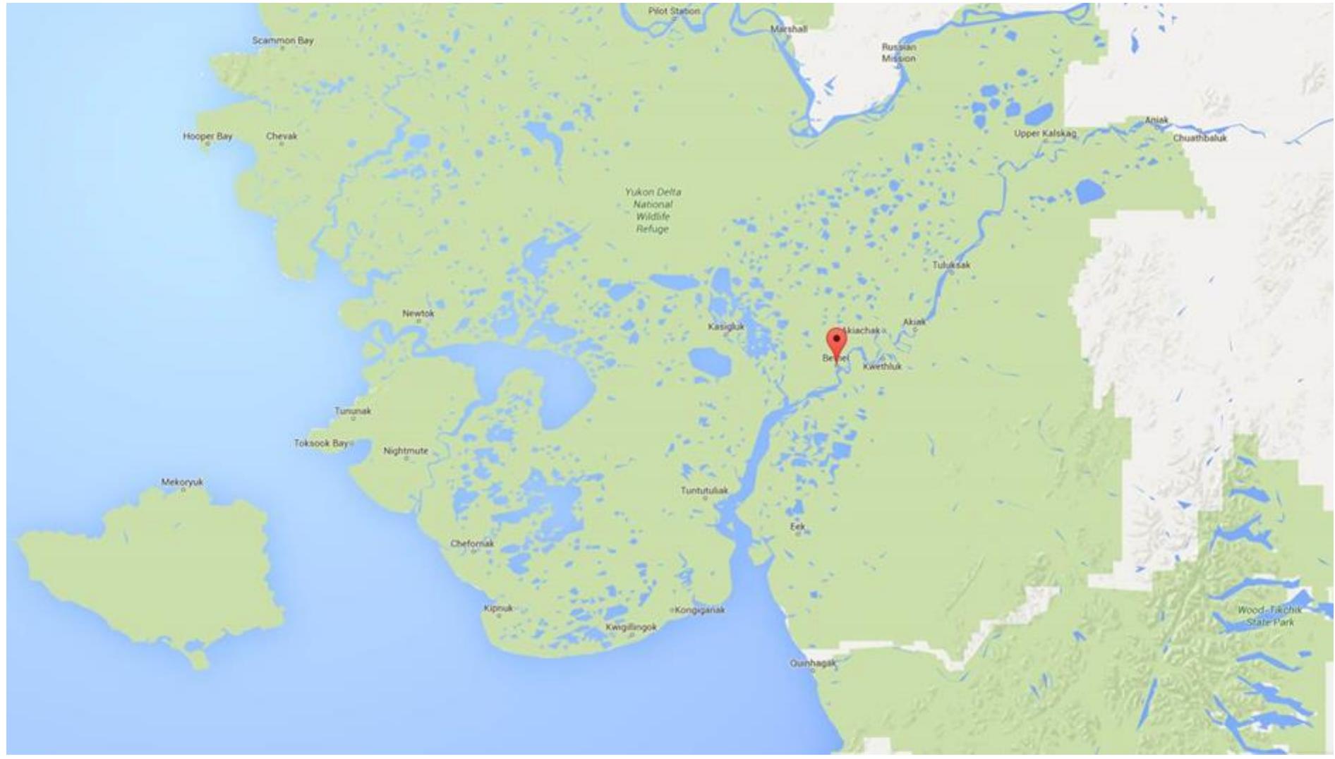 The map shows the location of bethel along the lower