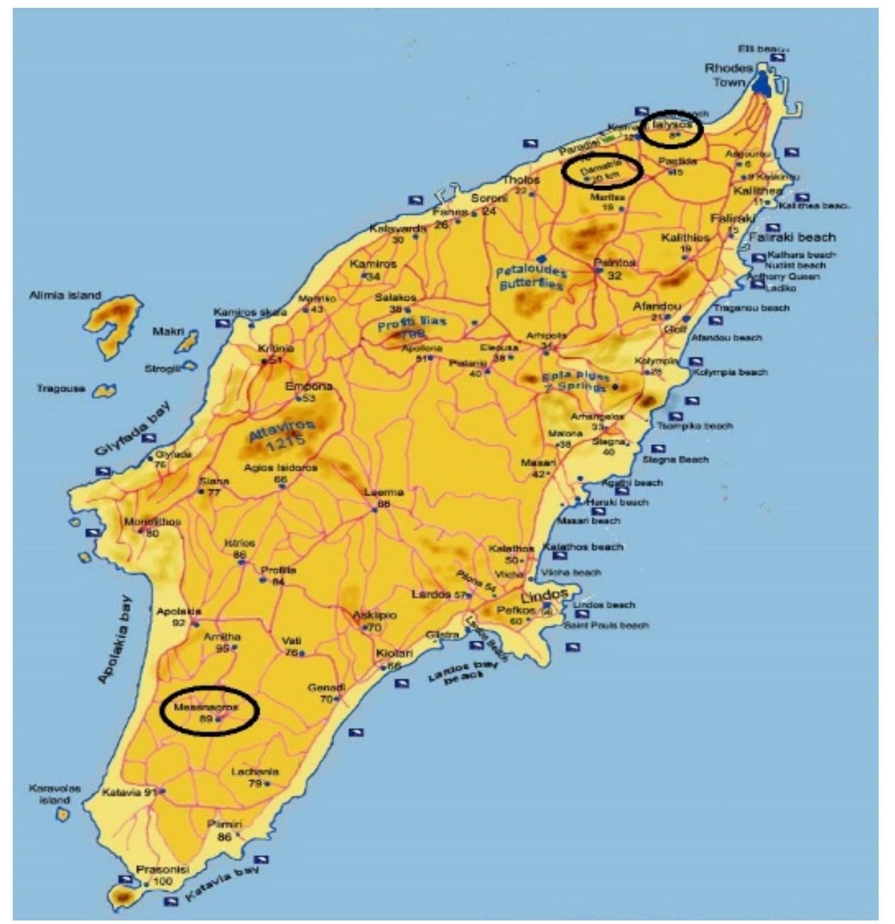 Map of rhodes showing the location of the villages ialyssos,