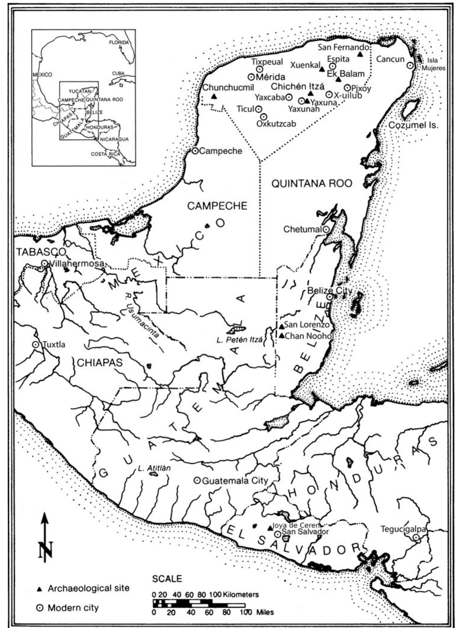 Map of the yucatan peninsula, showing cities and