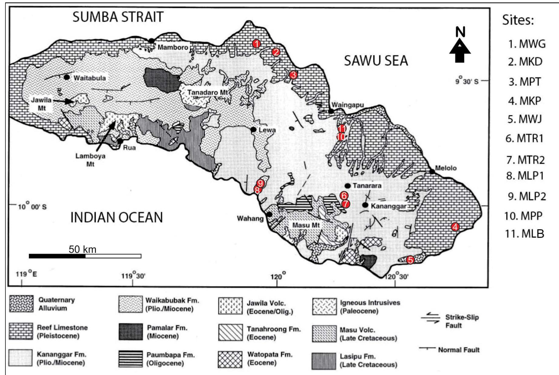 Geological map of sumba island and locations of megalith
