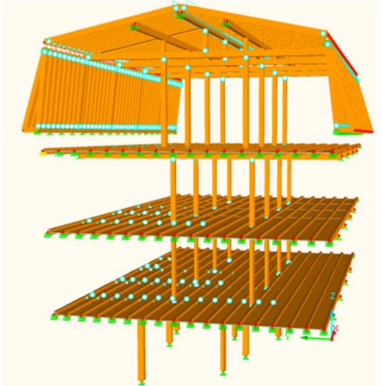 Fem model of timber structure, built using dlubal rfem