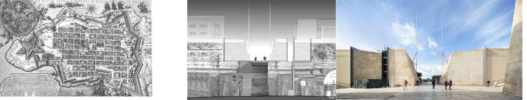 Photo 1: a. valletta map; b,c. renzo piano, new city gates
