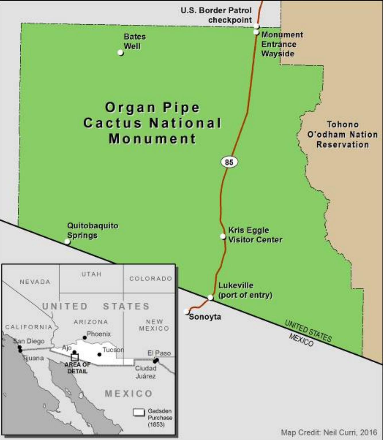 Map of organ pipe cactus national monument. elaborated by