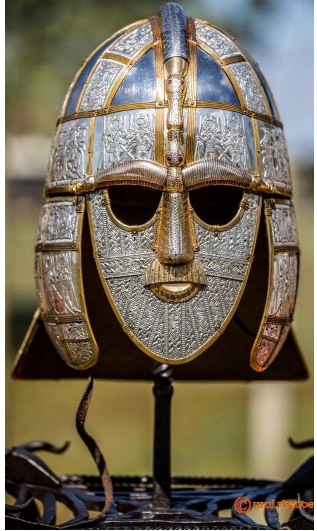 Face of the reproduction suttonhoo helmet. photograph