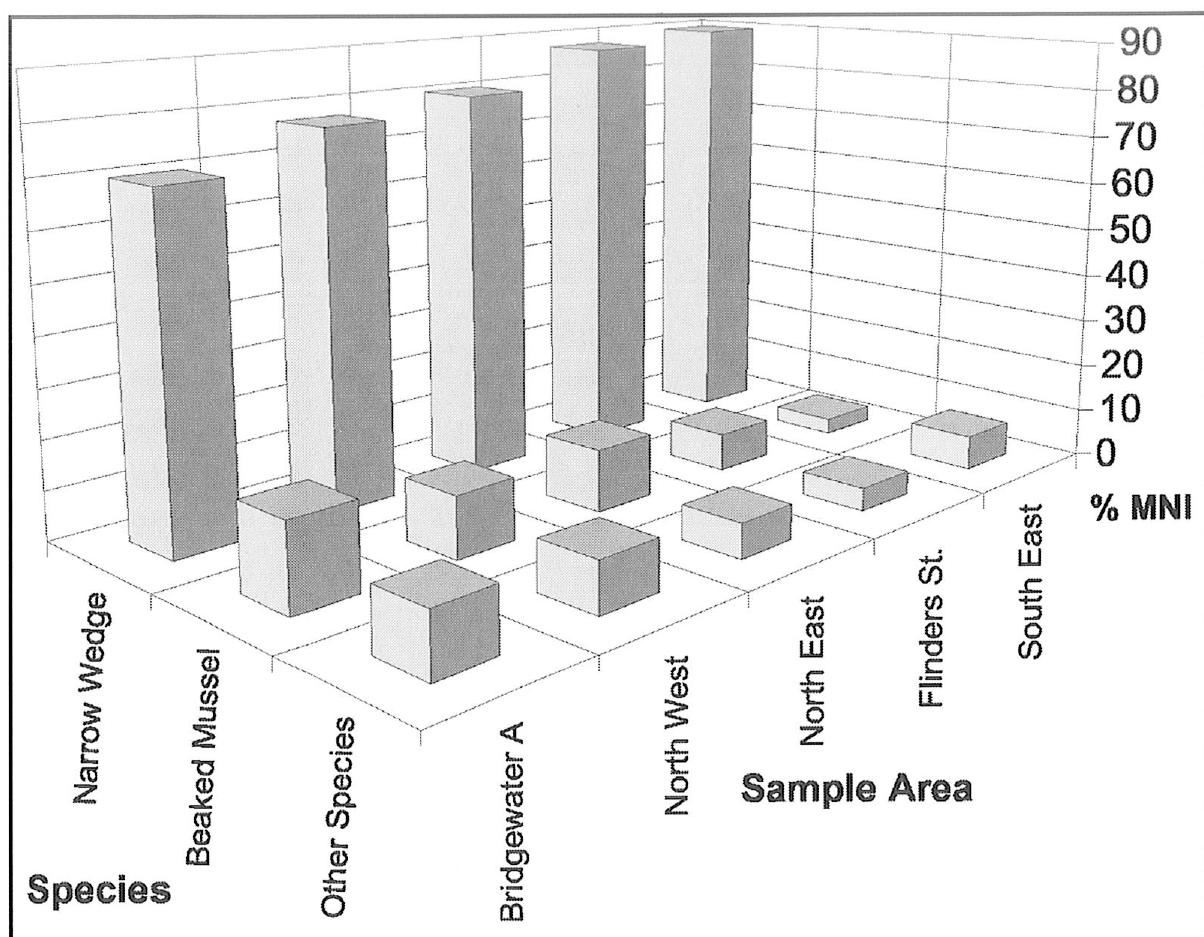 Graph of shellfish species mni and sample area.