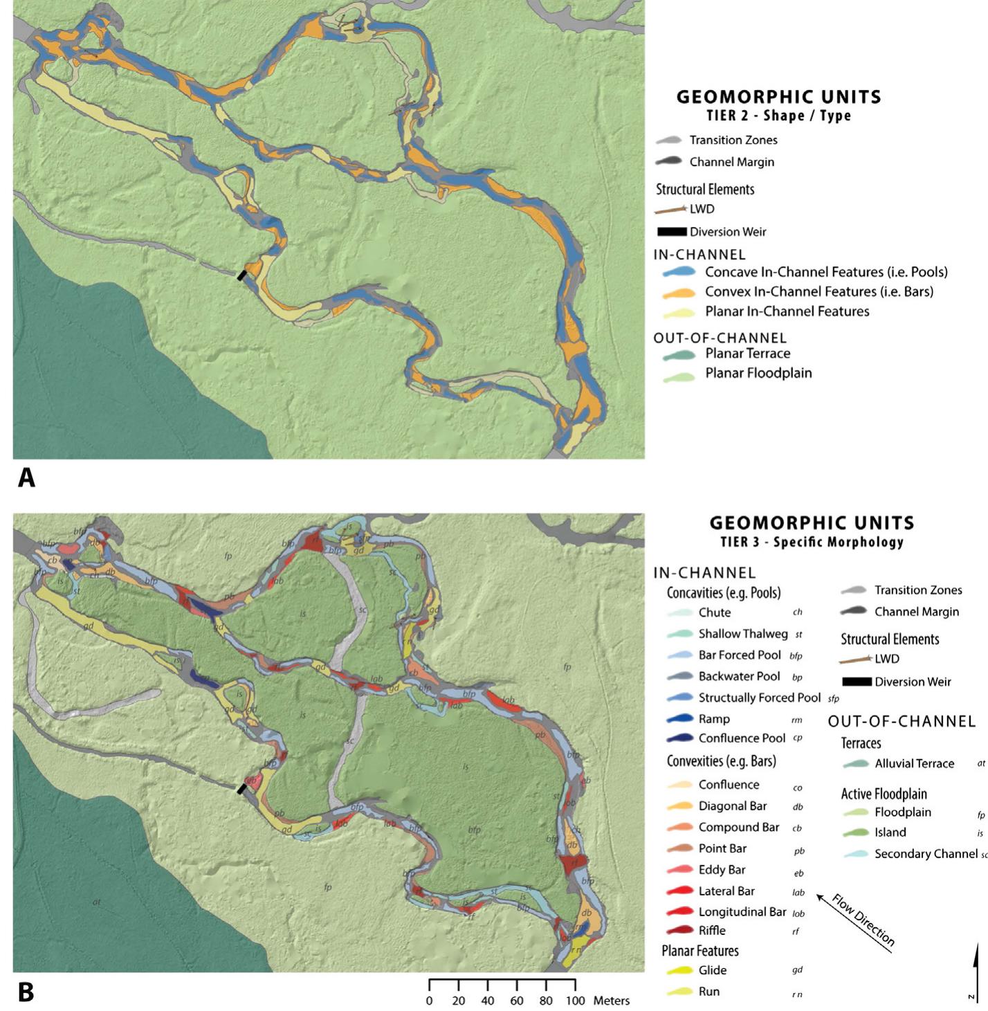 Tier 2 (a) and tier 3 (b) geomorphic unit maps for laterally