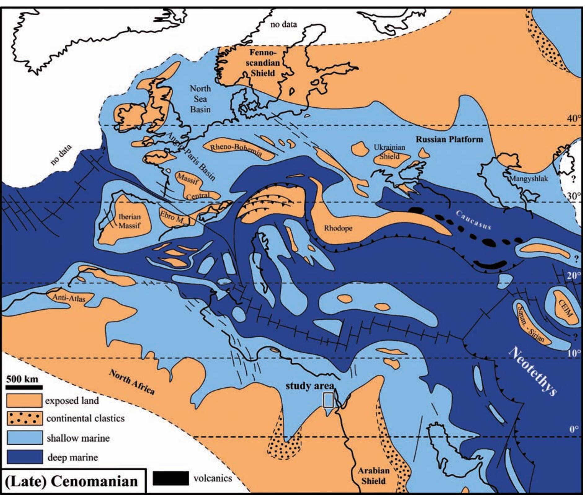 Palaeogeographic map of the late cenomanian, modified after