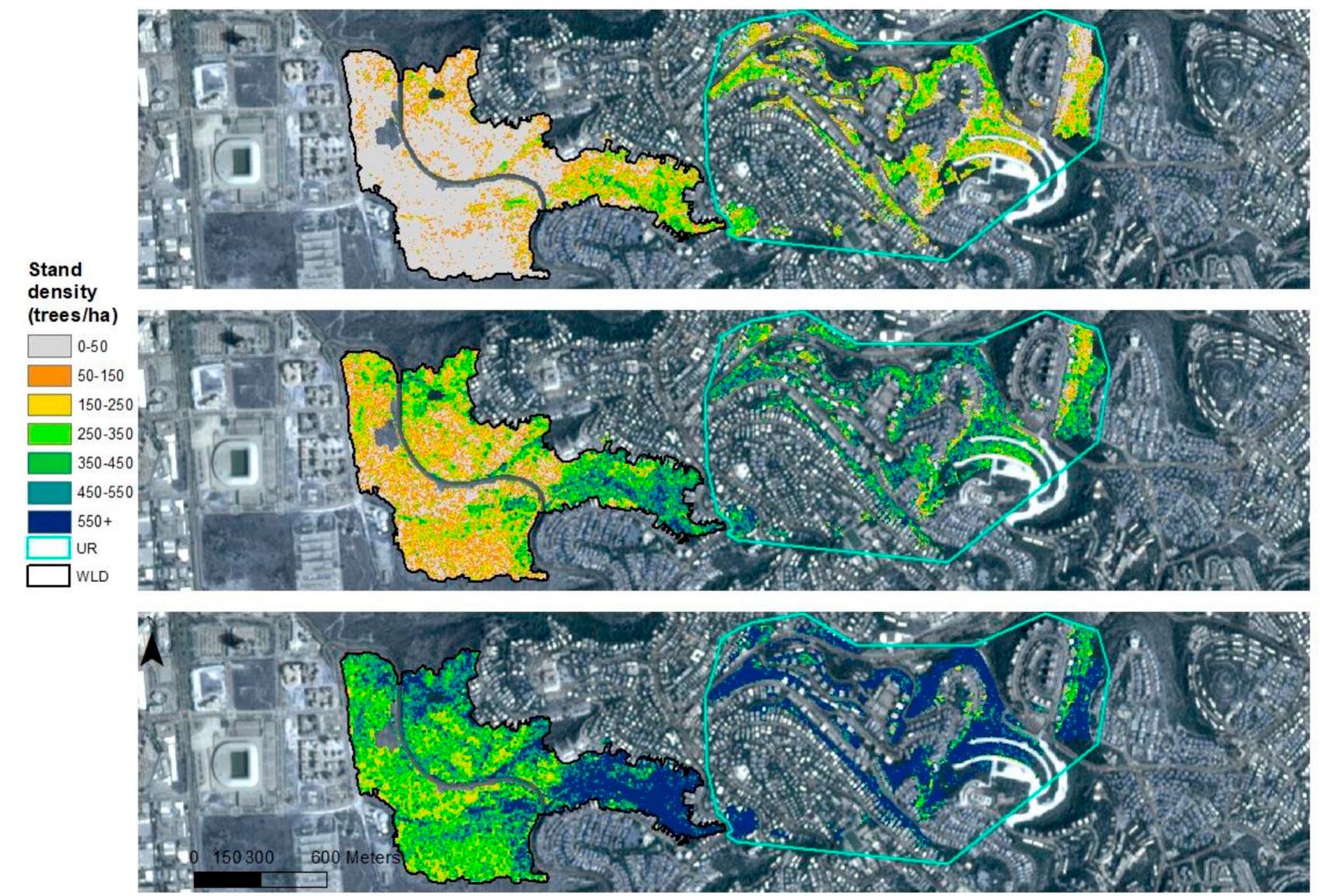A3. maps of low-to-high estimates of stand density (trees