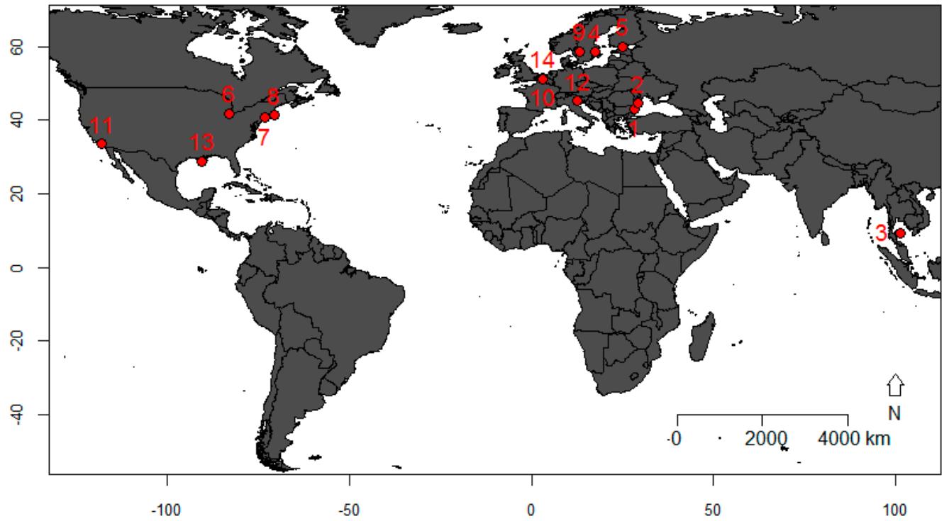 Map showing the 14 validation sites from the ocean colour
