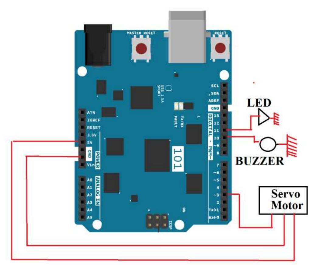 -5: servo motor, buzzer, led - arduino connection 3. arduino