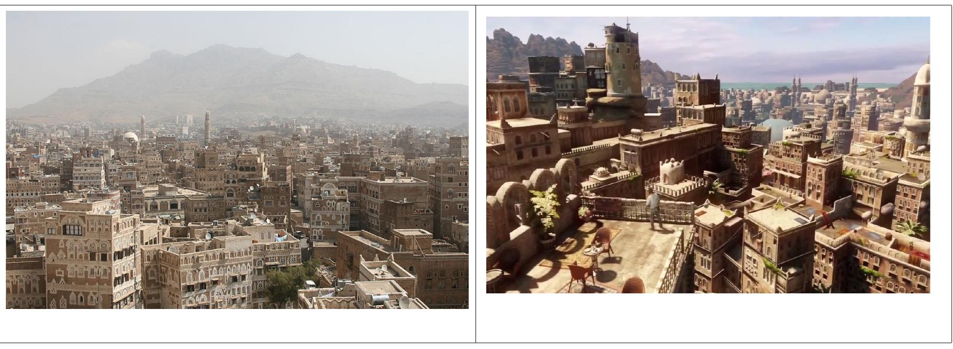 On the left, a real-world photo of sanaa, yemen. on the