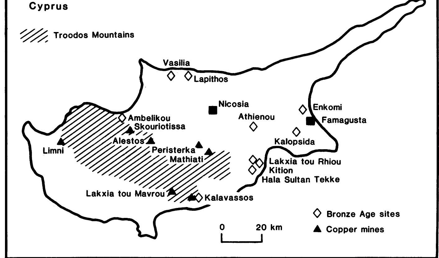 Map of cyprus showing the locations of copper mines from