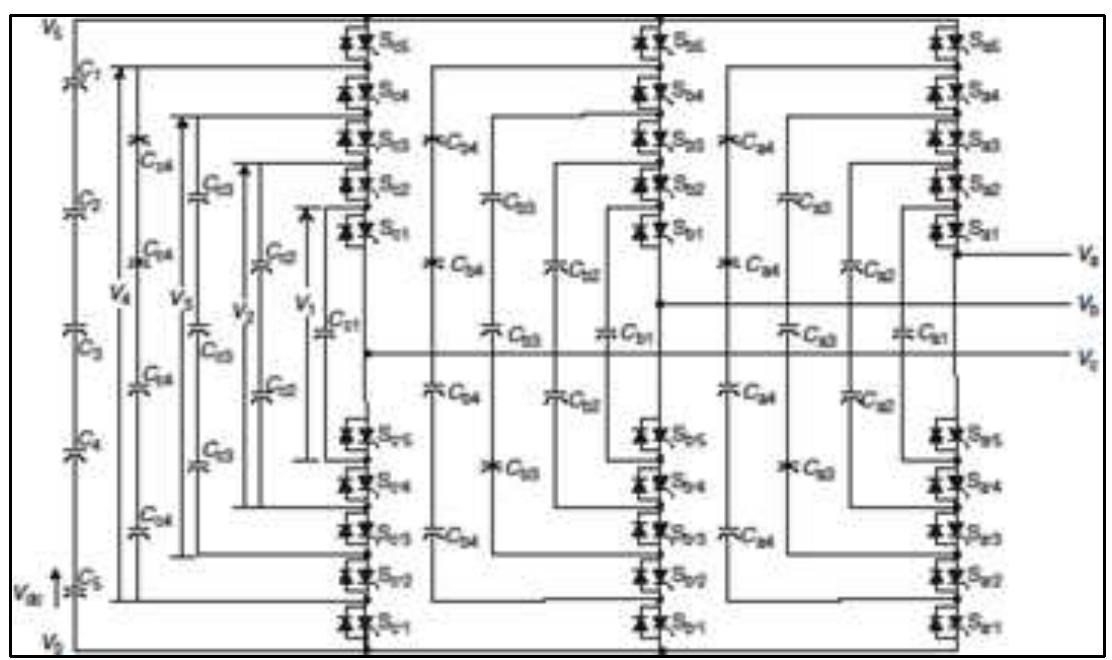 Three-phase six-level flying capacitor inverter
