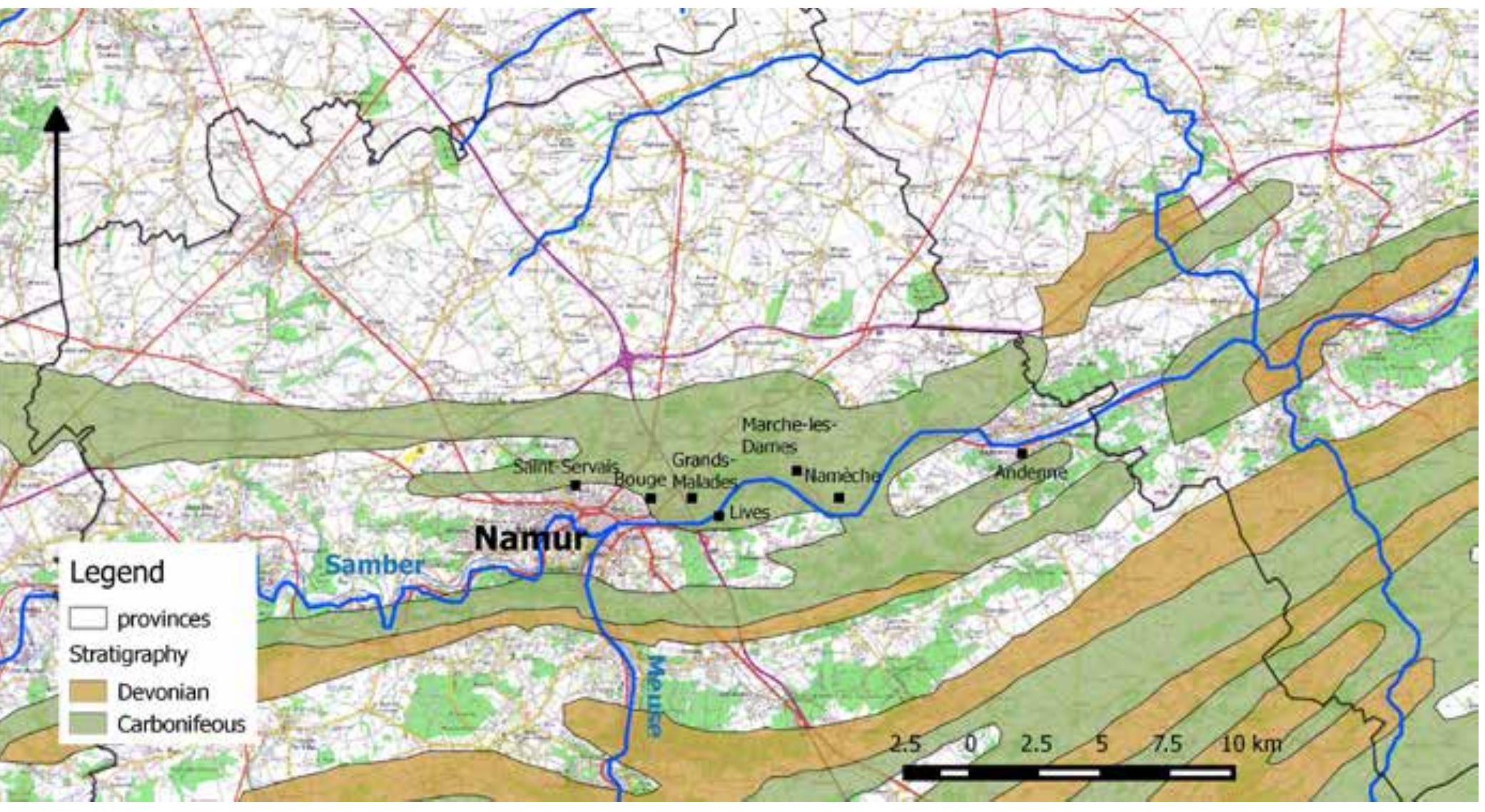 Simplified geological map of the namur area showing
