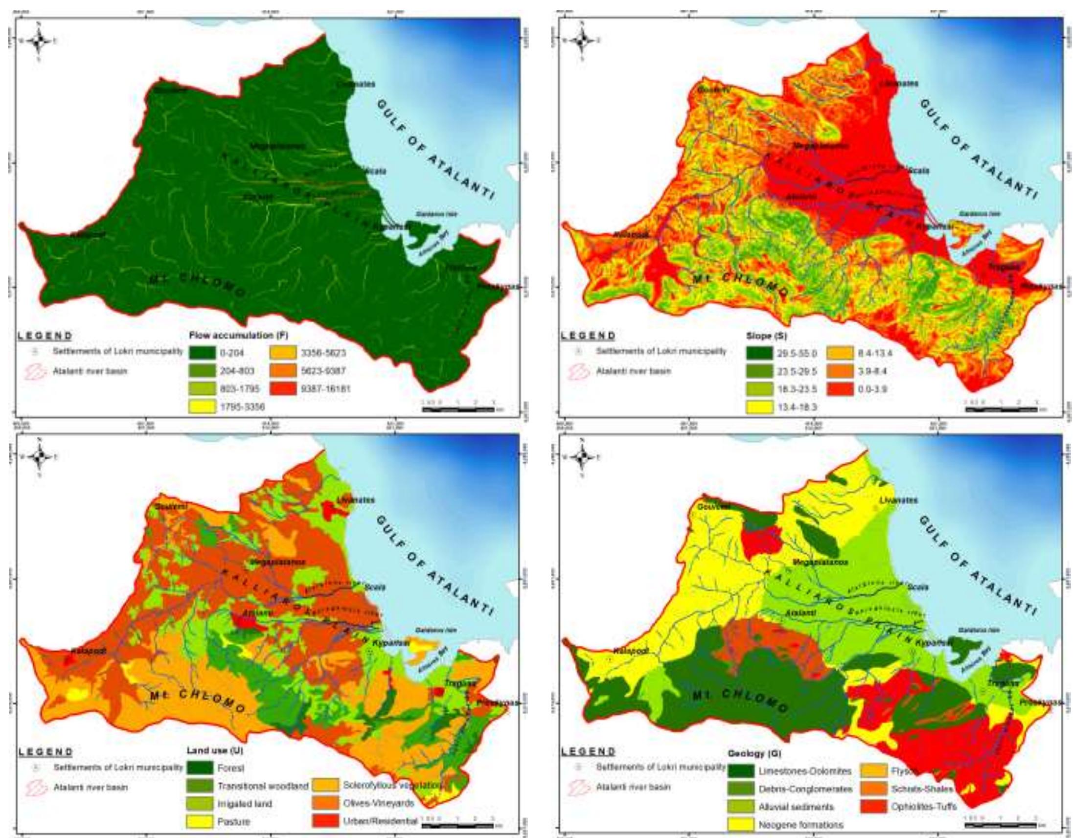 -4: thematic maps of flow accumulation, slope, land use and
