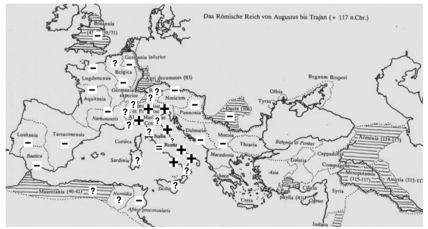 Map 1a: impact of archaisms in selected regions of the roman