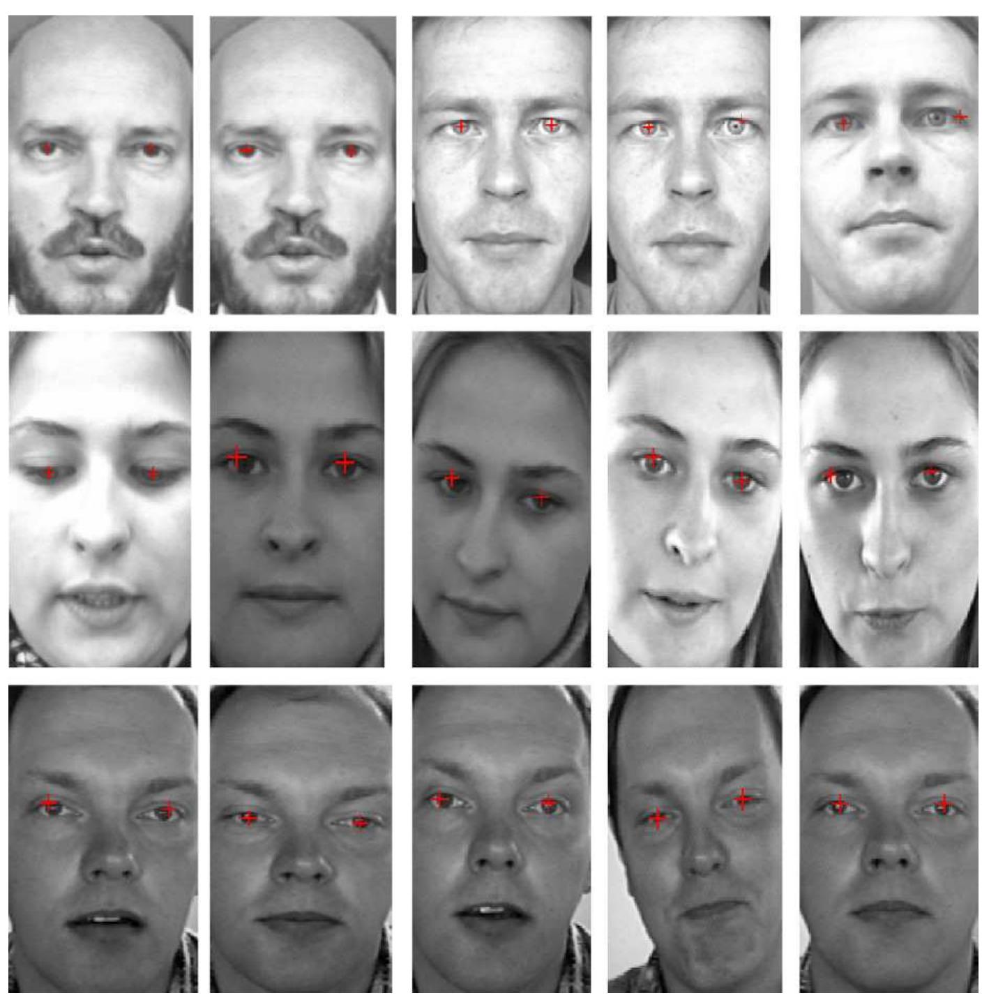 Automatic location of eyes shown as red cross signs. faces