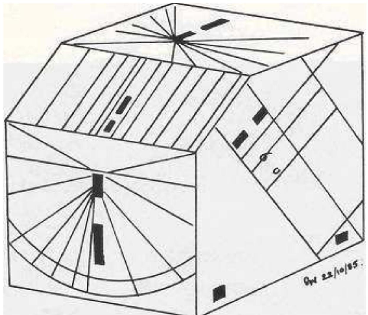 A diagram showing the surviving hour lines and gnomon holes