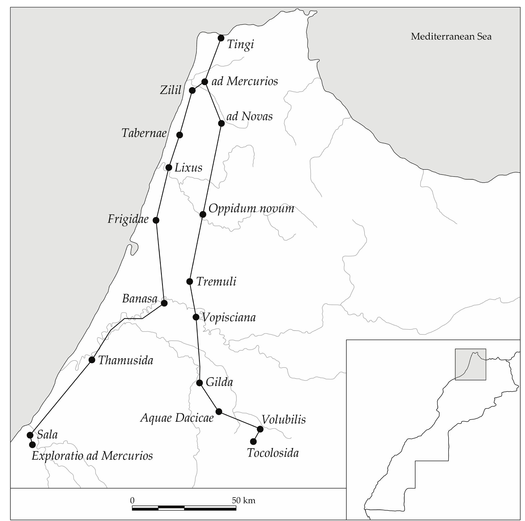 Map of mauretania tingitana, with main towns and roads,