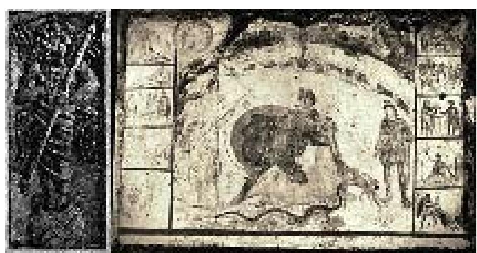 On the left, "aion" deity standing on a cos- mic sphere and