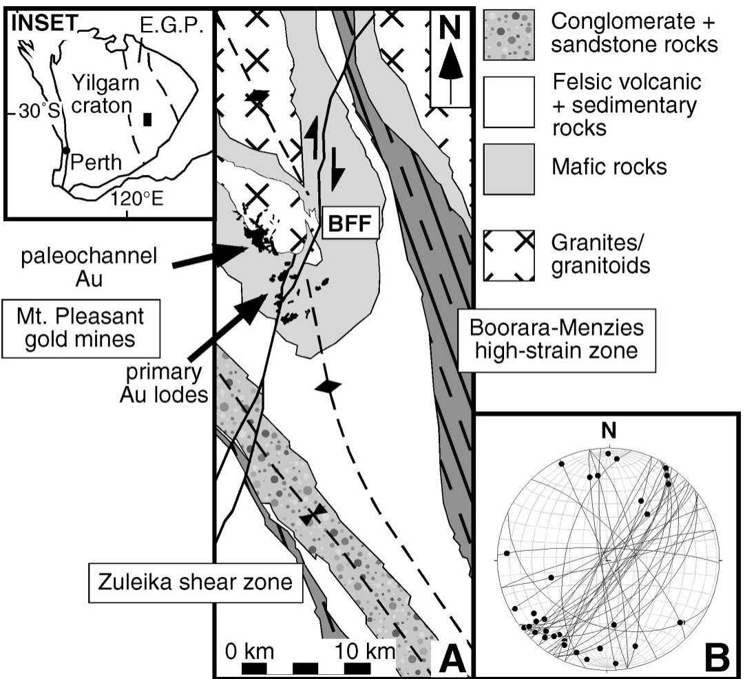 A: geologic map of dextral black flag fault (bff) and mount