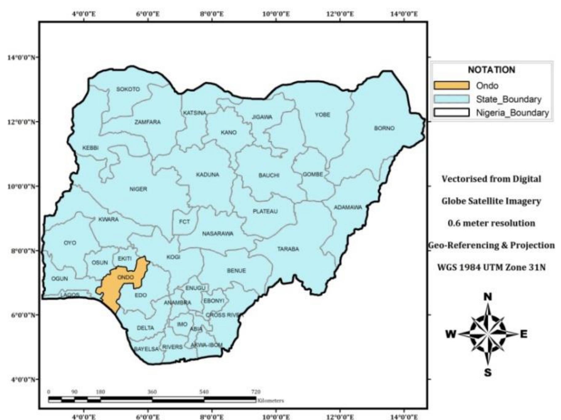 Map of ondo state in the national settings. retrieved from