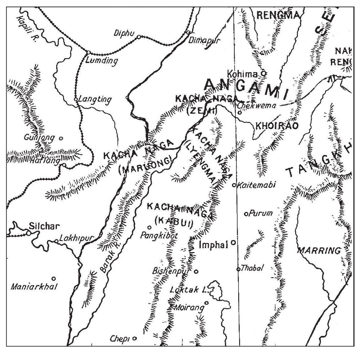 Source: hutton, angami nagas, london, 1921. map showing the