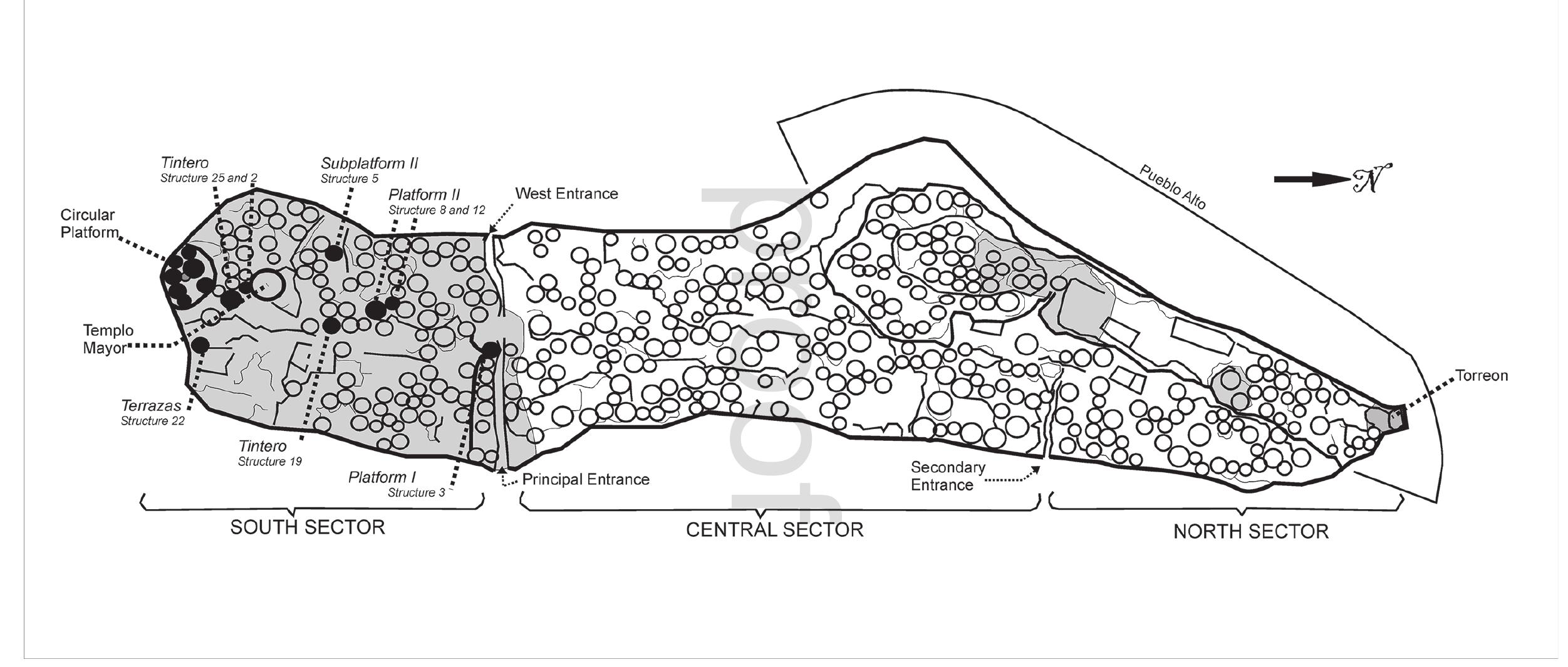 1. plan drawing of kuelap’s layout, identifying the three