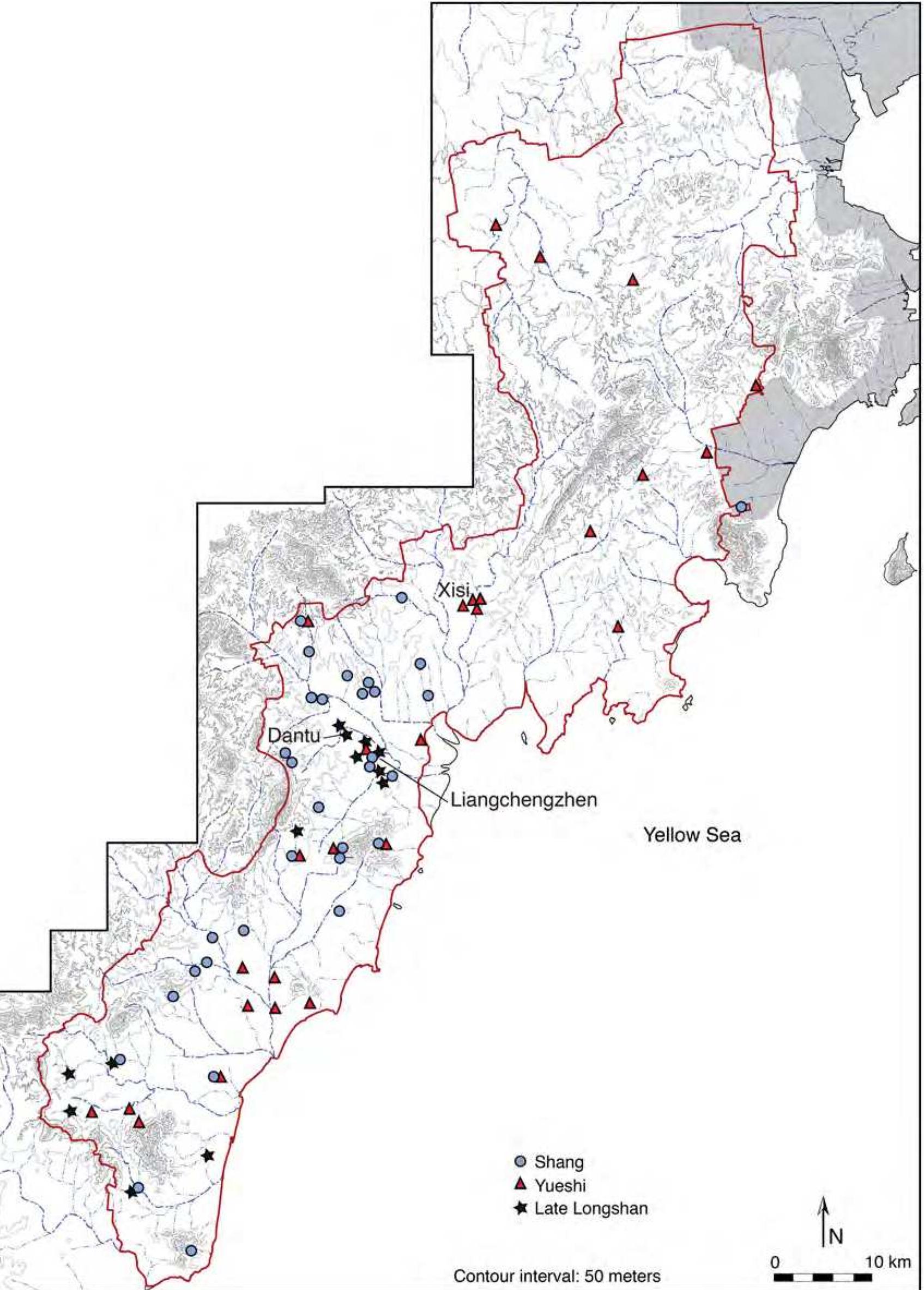 Map of localities where late longshan, yueshi, and shang