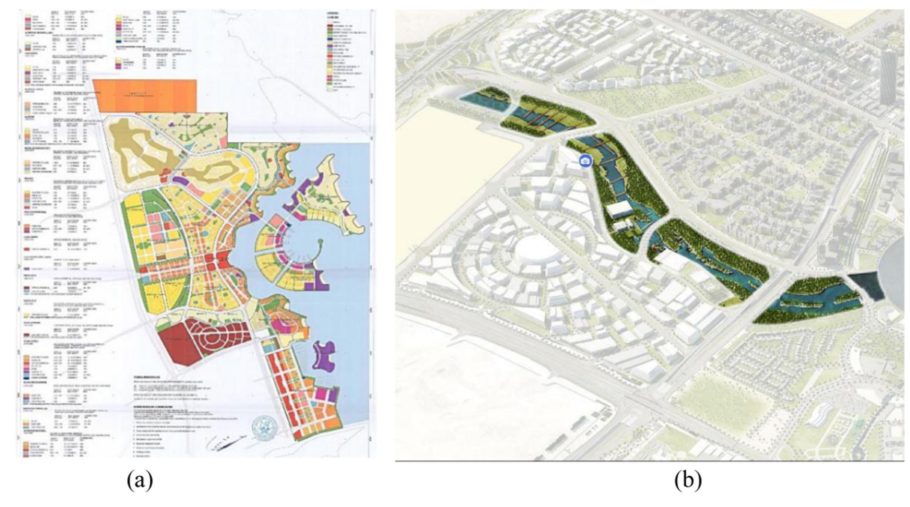 Lusail city; a) master plan, b) eco-wadi. source: [18]