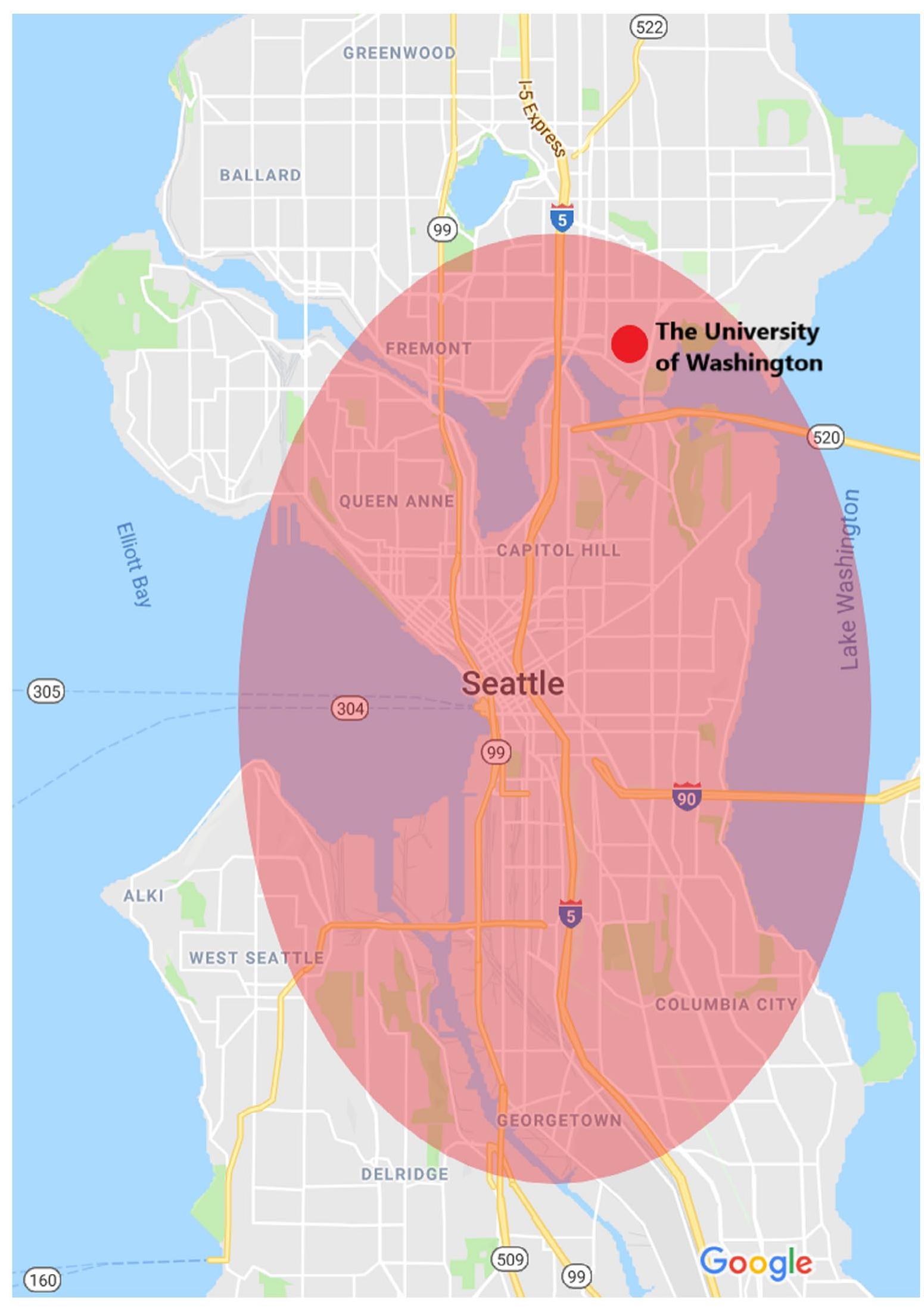 A map of the seattle isthmus, with a red dot noting the