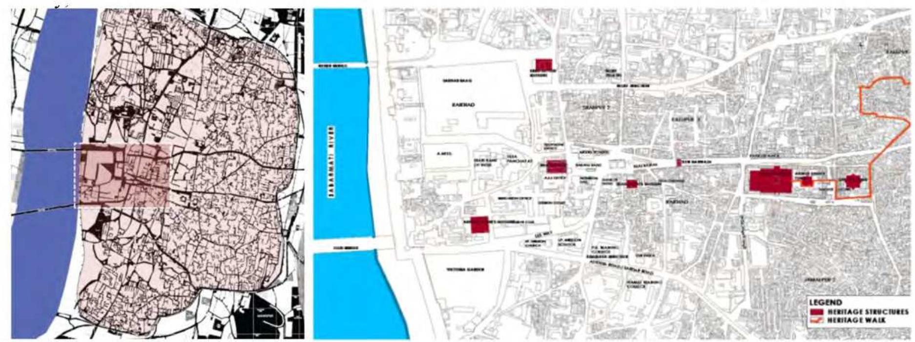 Map showing a walled city of ahmedabad and heritage