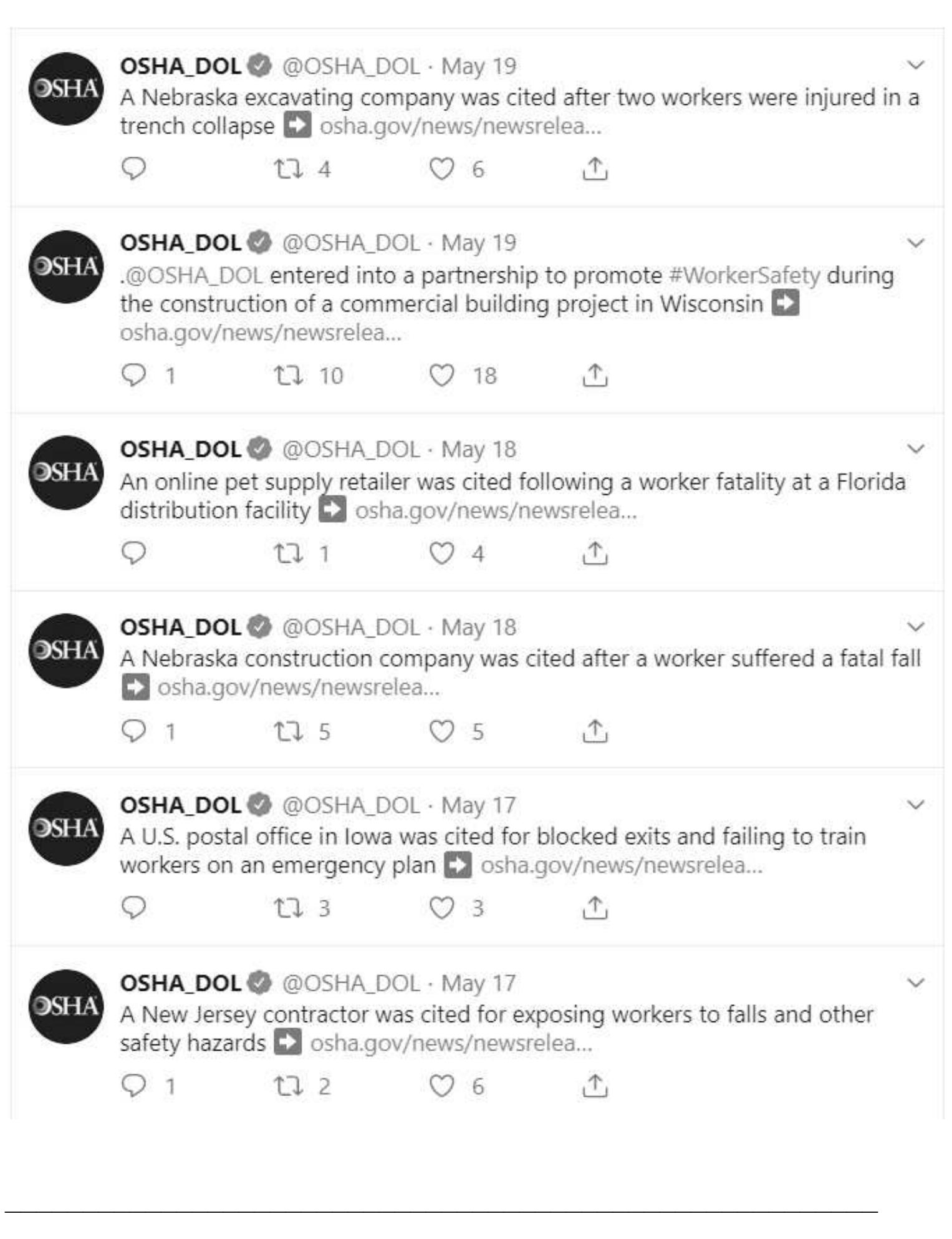 Osha’s twitter account, may 17-19, 2019