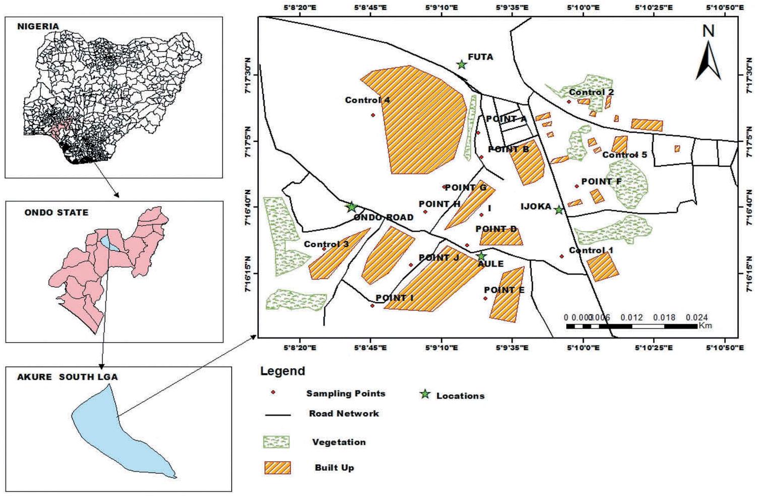 Map of akure showing the sampling points.