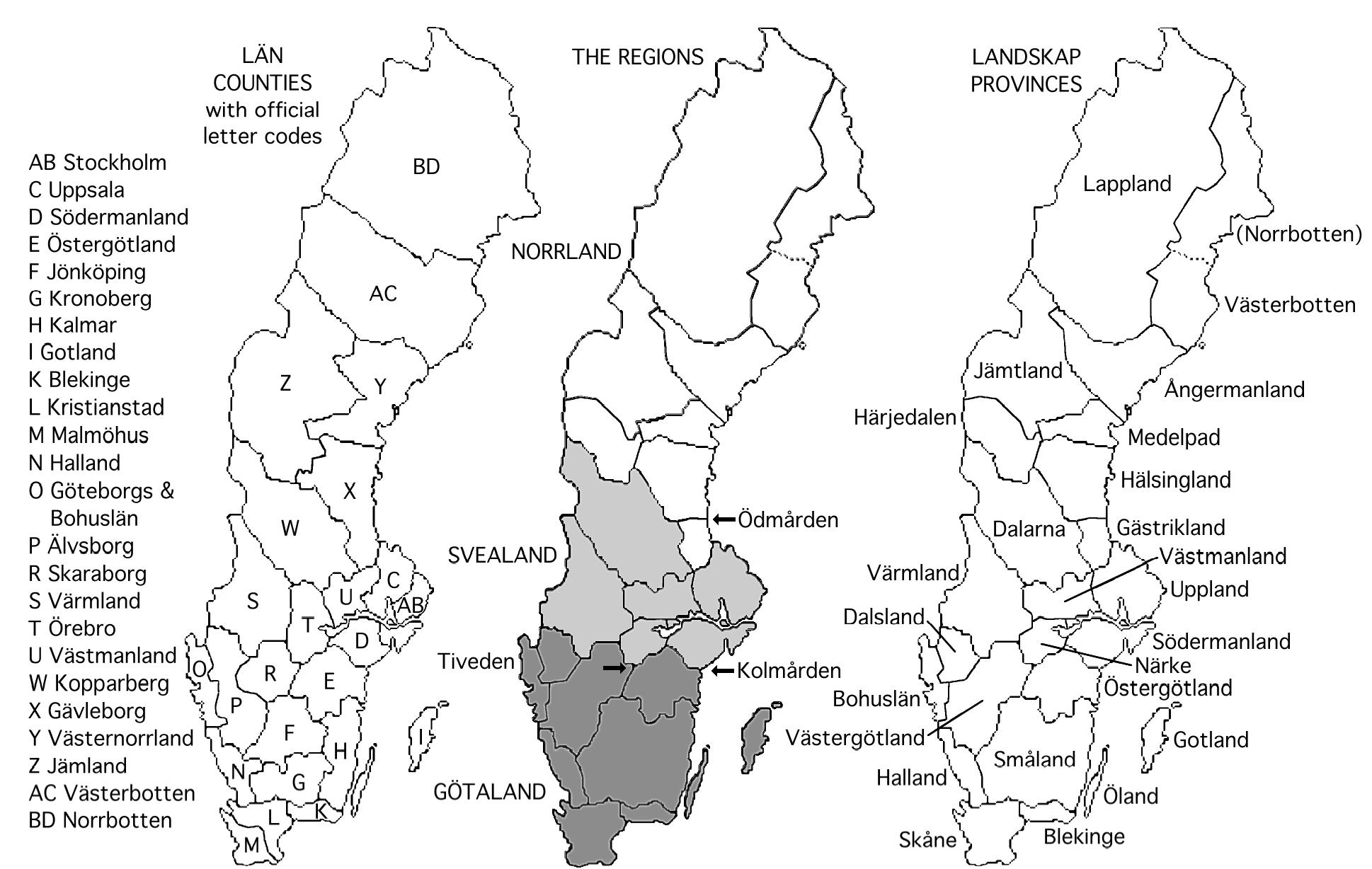 Map of sweden showing the borders of the counties (left),