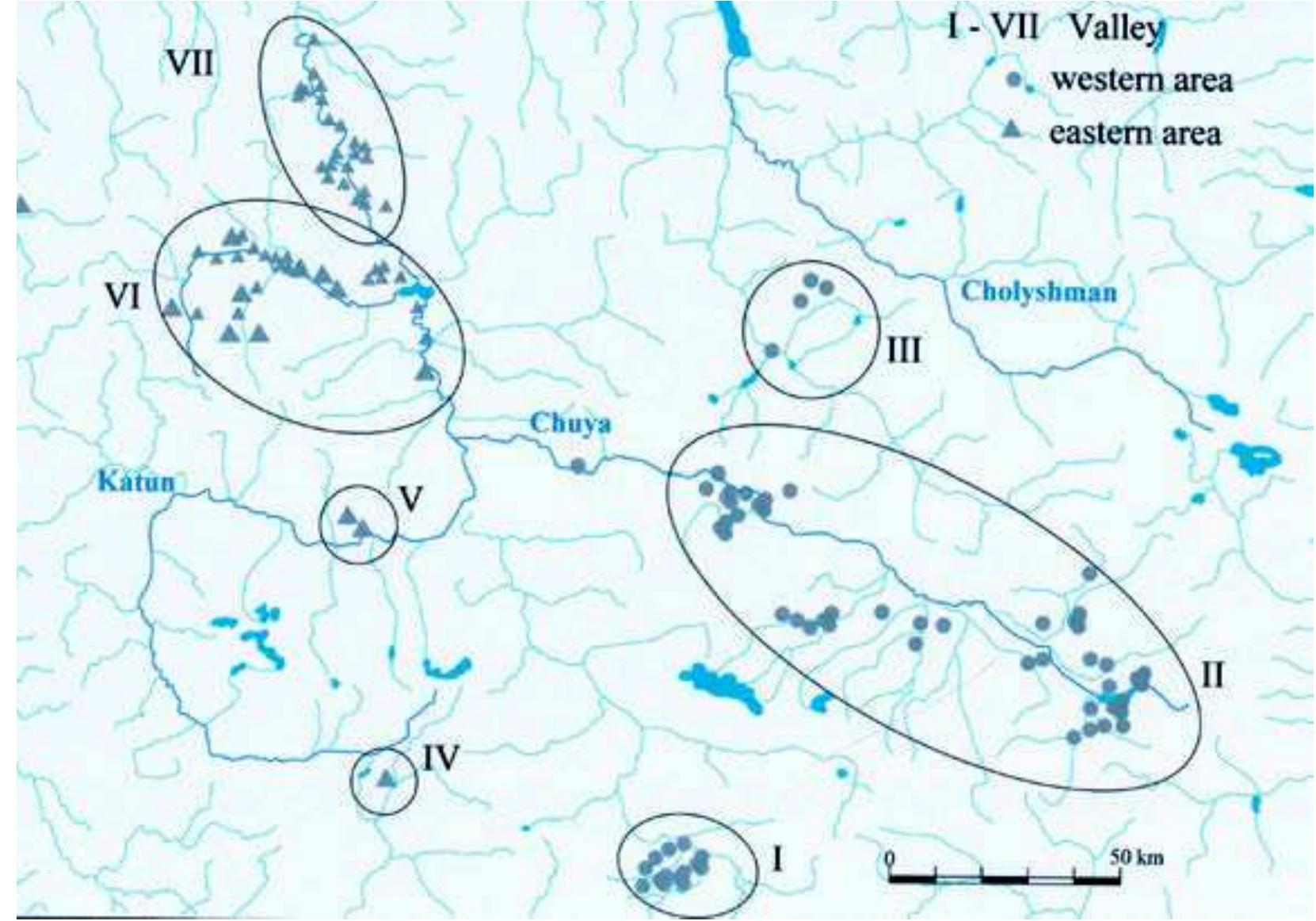 Map showing the valleys of the “eastern area of pazyryk