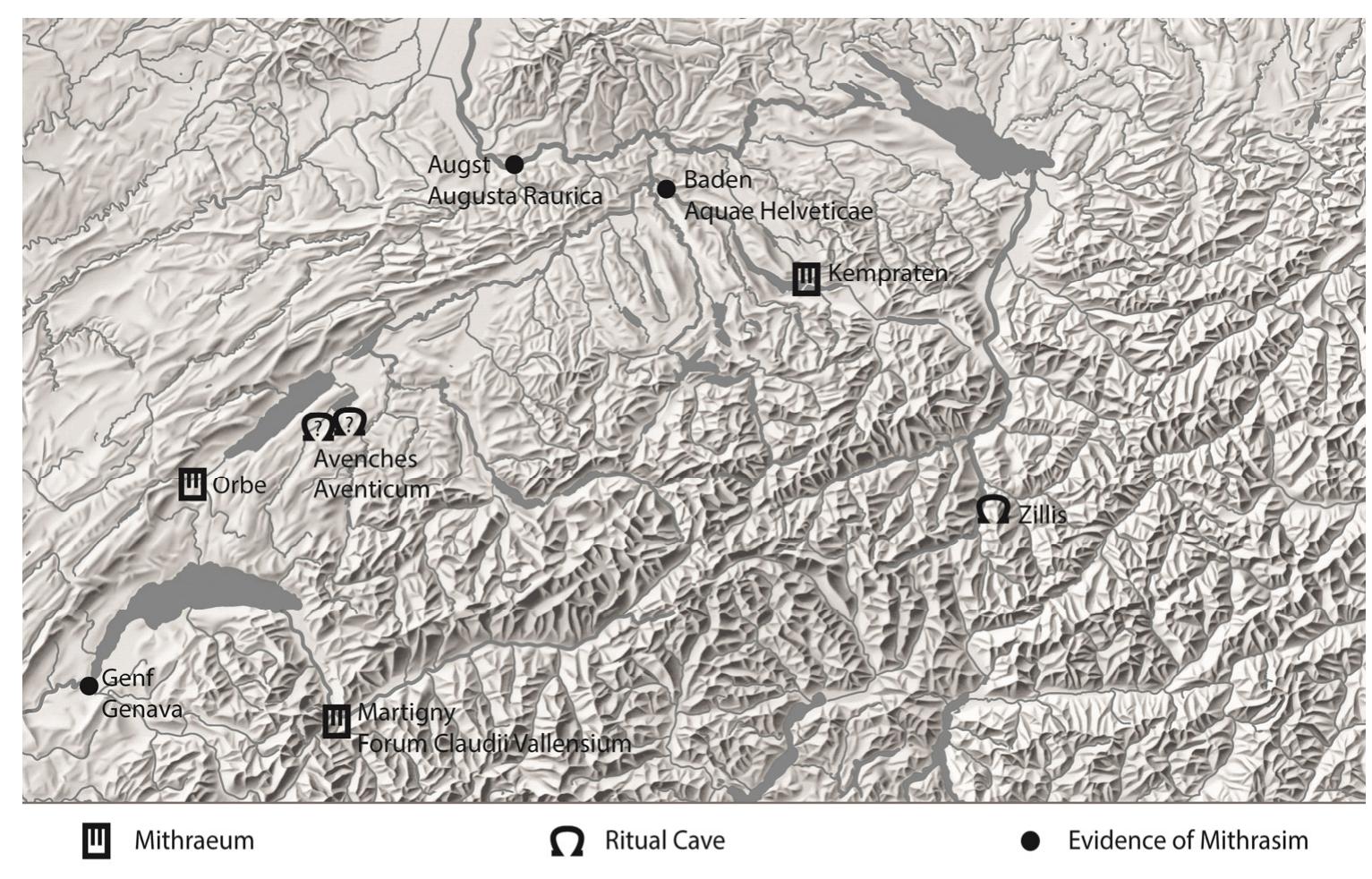 Distribution map of all known mithraea, ritual caves and