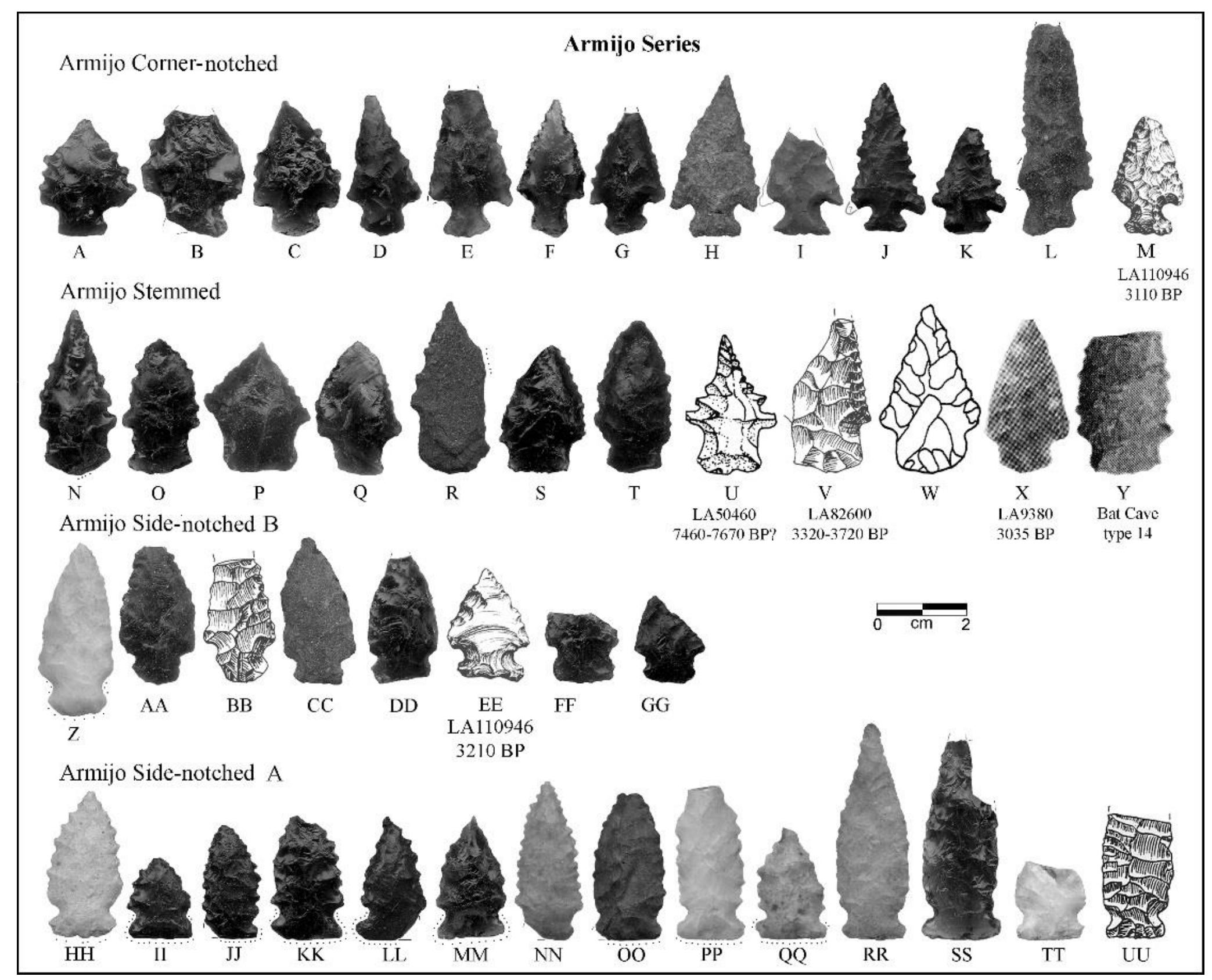 10 examples of armijo series projectile points.
