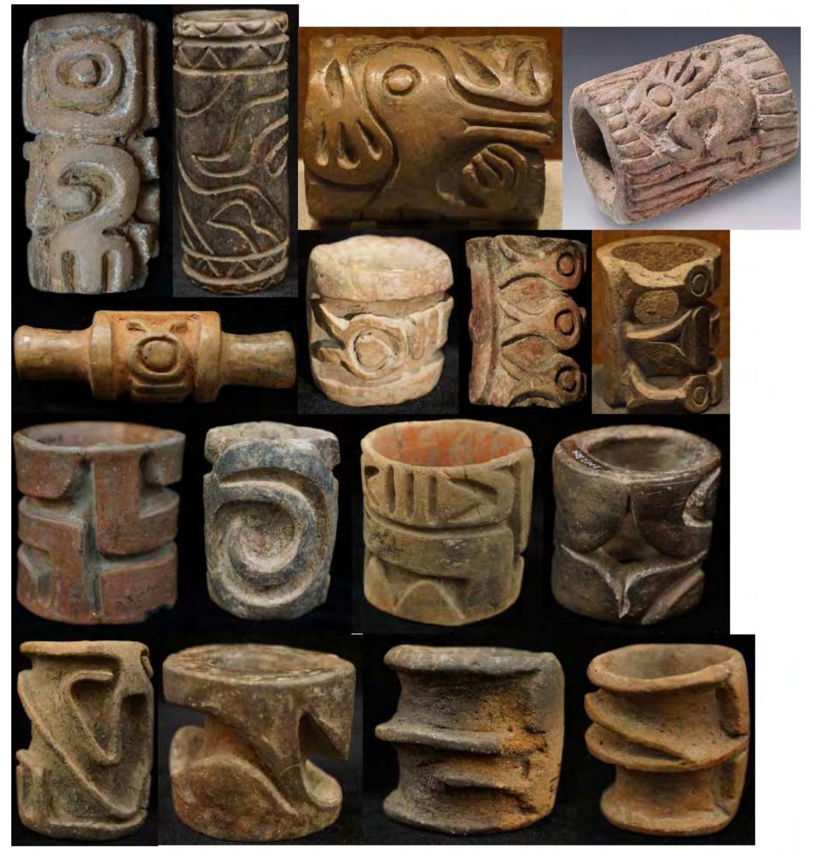 3. roller stamps. designs: monkey, olmec, duck, rabbit,