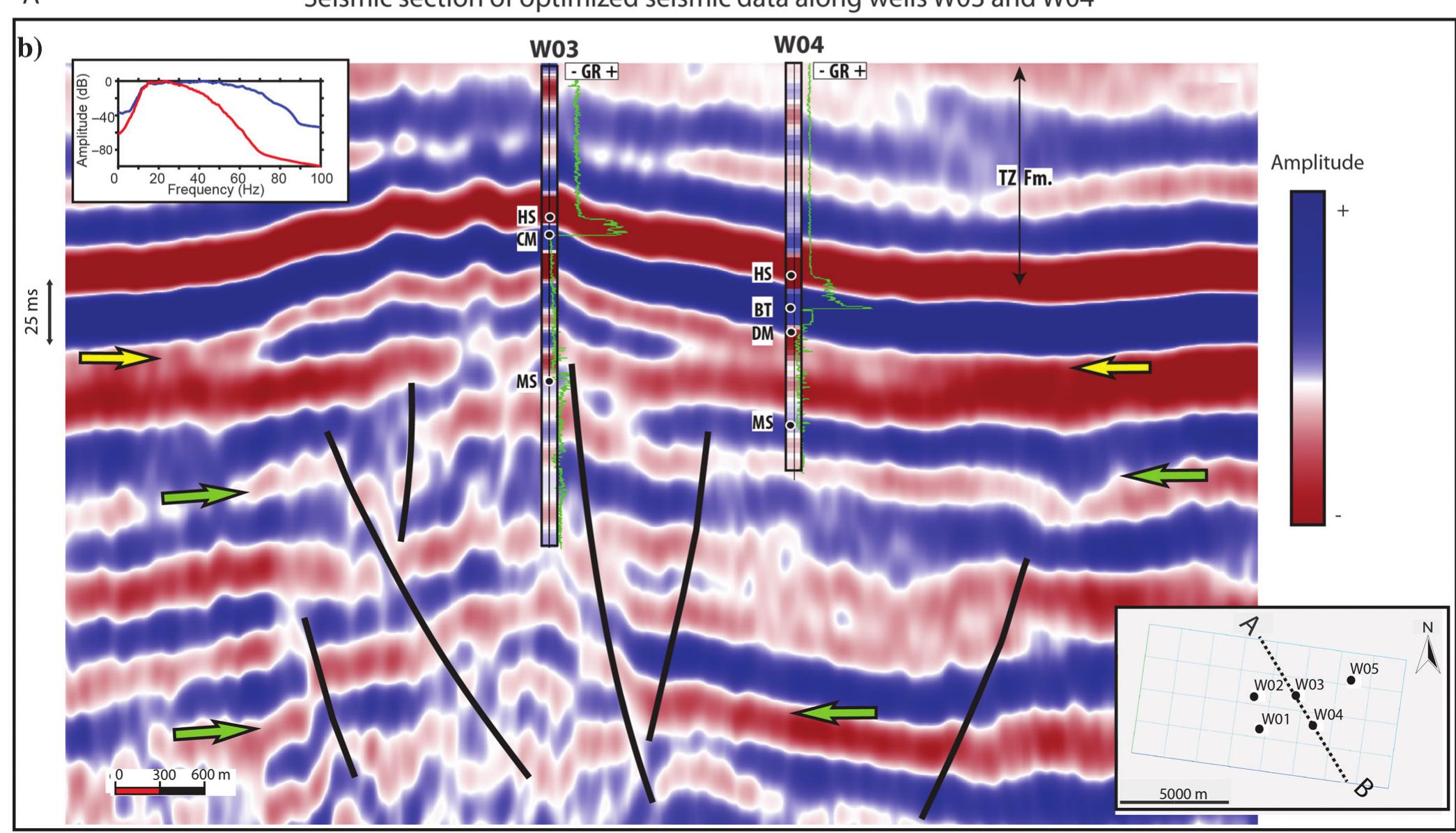It shows a vertical seismic slice (a) before and (b) after