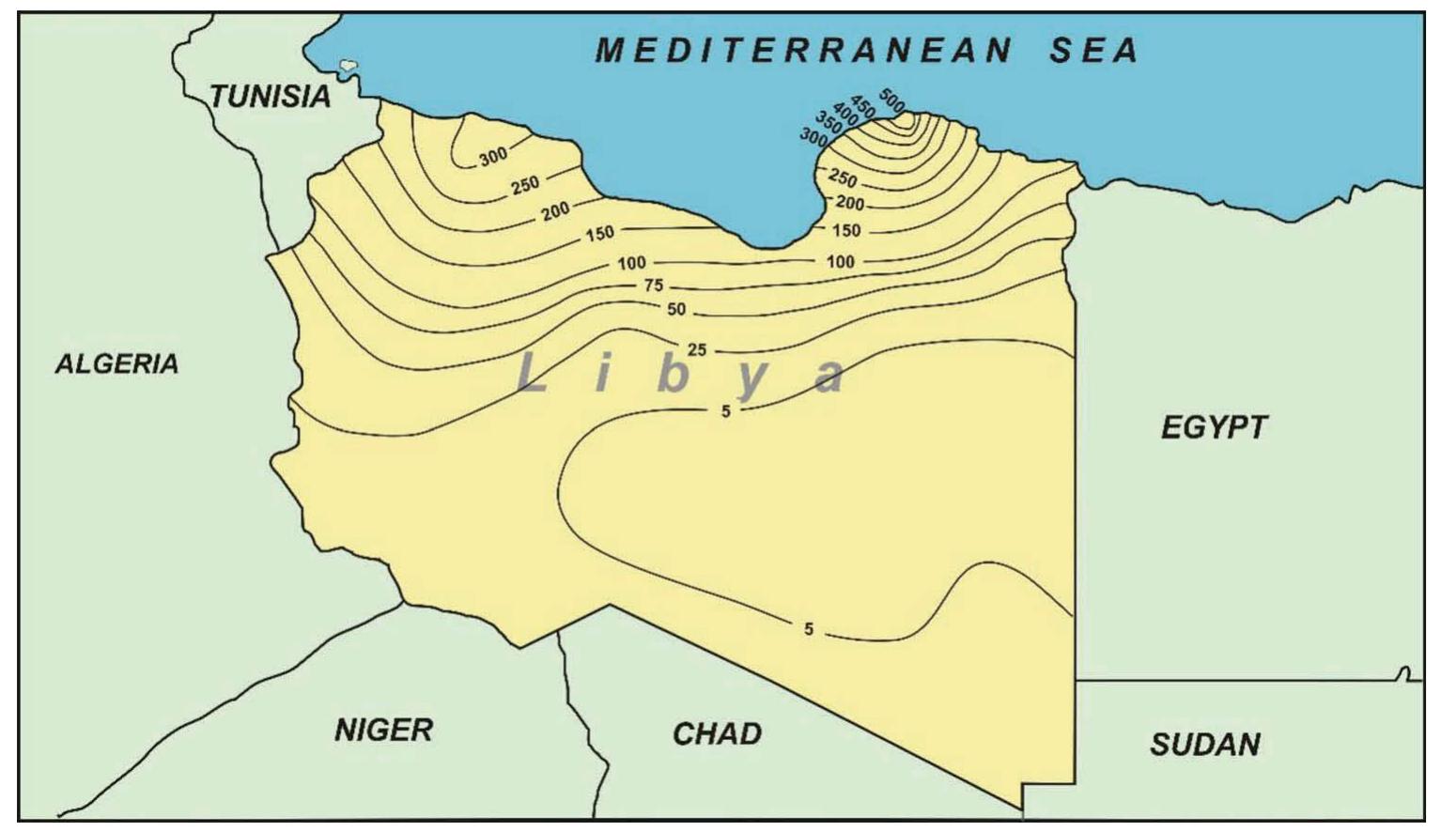 Mean annual rainfall isohyets (mm per year) for the libyan
