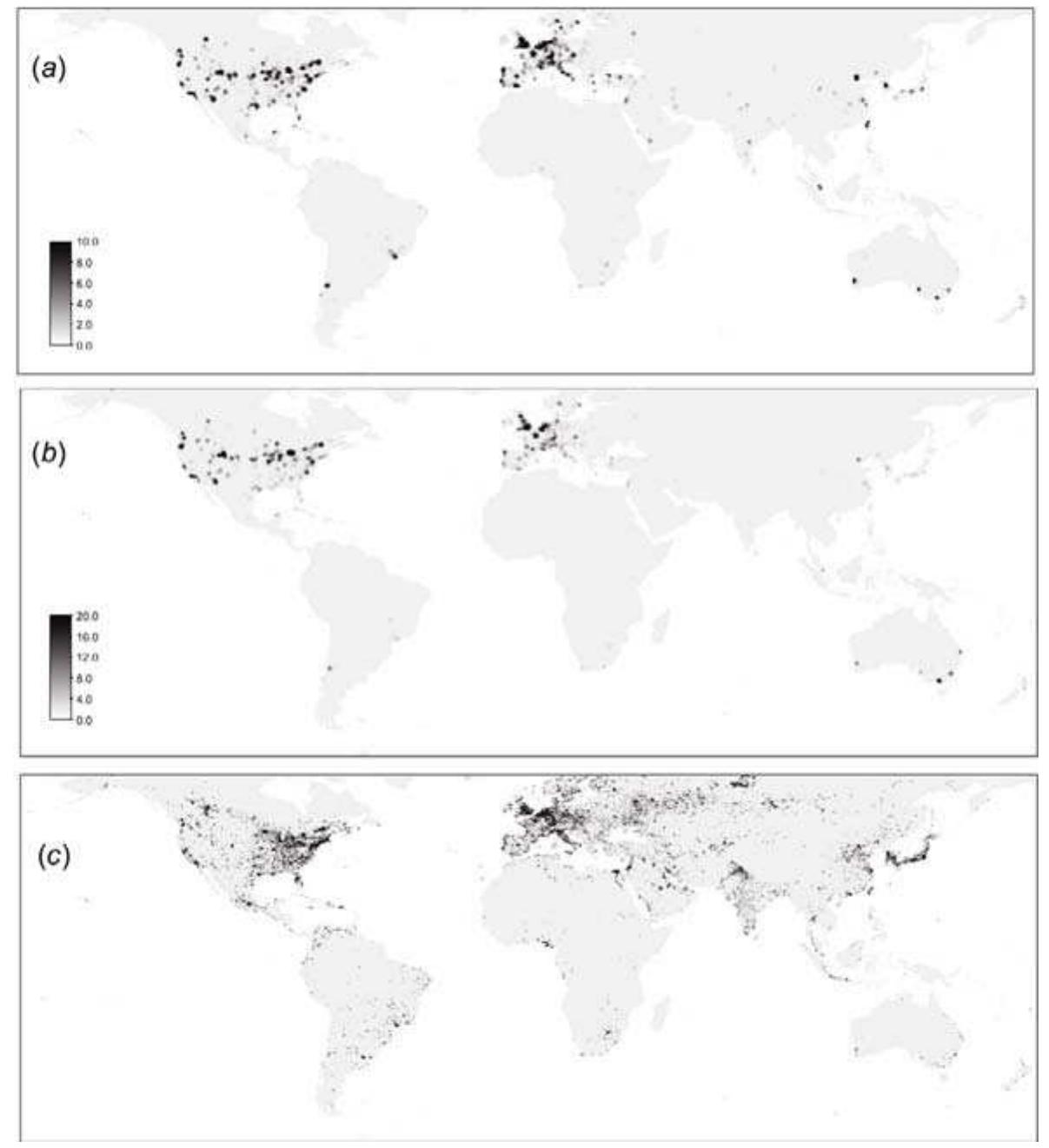 World maps of bibliometric parameters for geostatistics