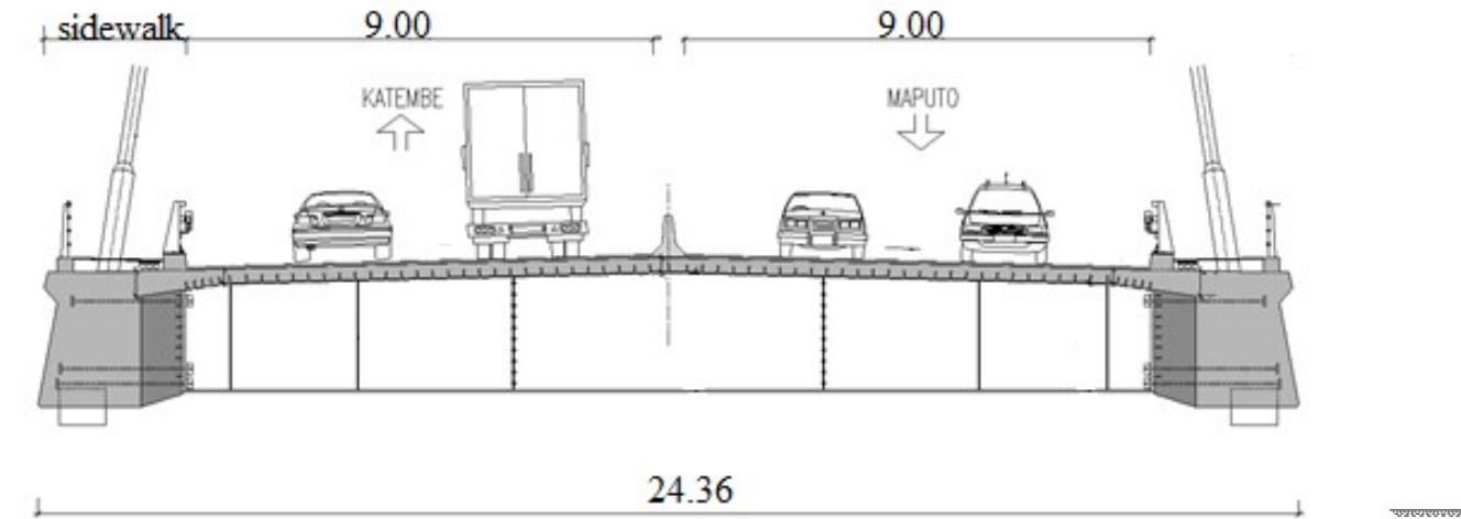Main bridge — deck and pylon cross-sections.