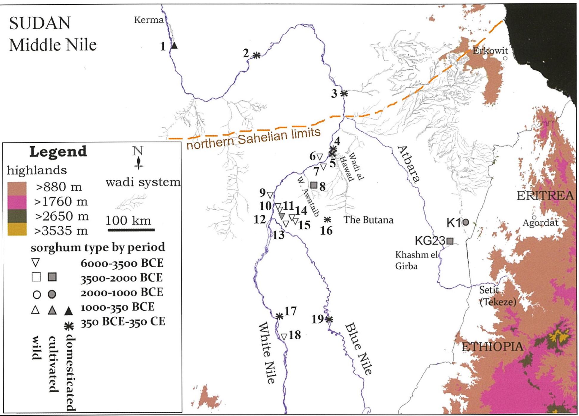 Map of sites with evidence for sorghum domestication kasala
